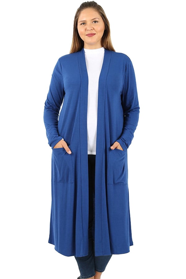 JED FASHION Women's Plus Size Knee Length Solid Cardigan with Pockets ...
