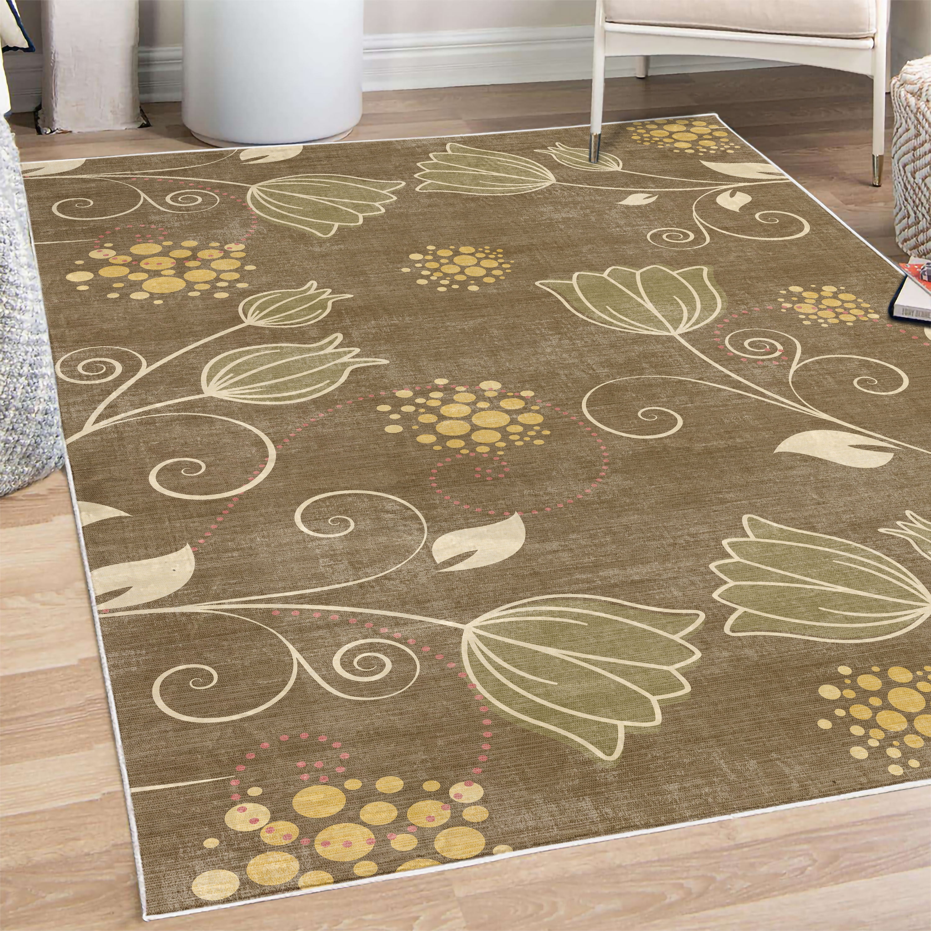 Floral Decorative Rug, Dutch Tulip Ottoman Flowers with Leaves Natural ...