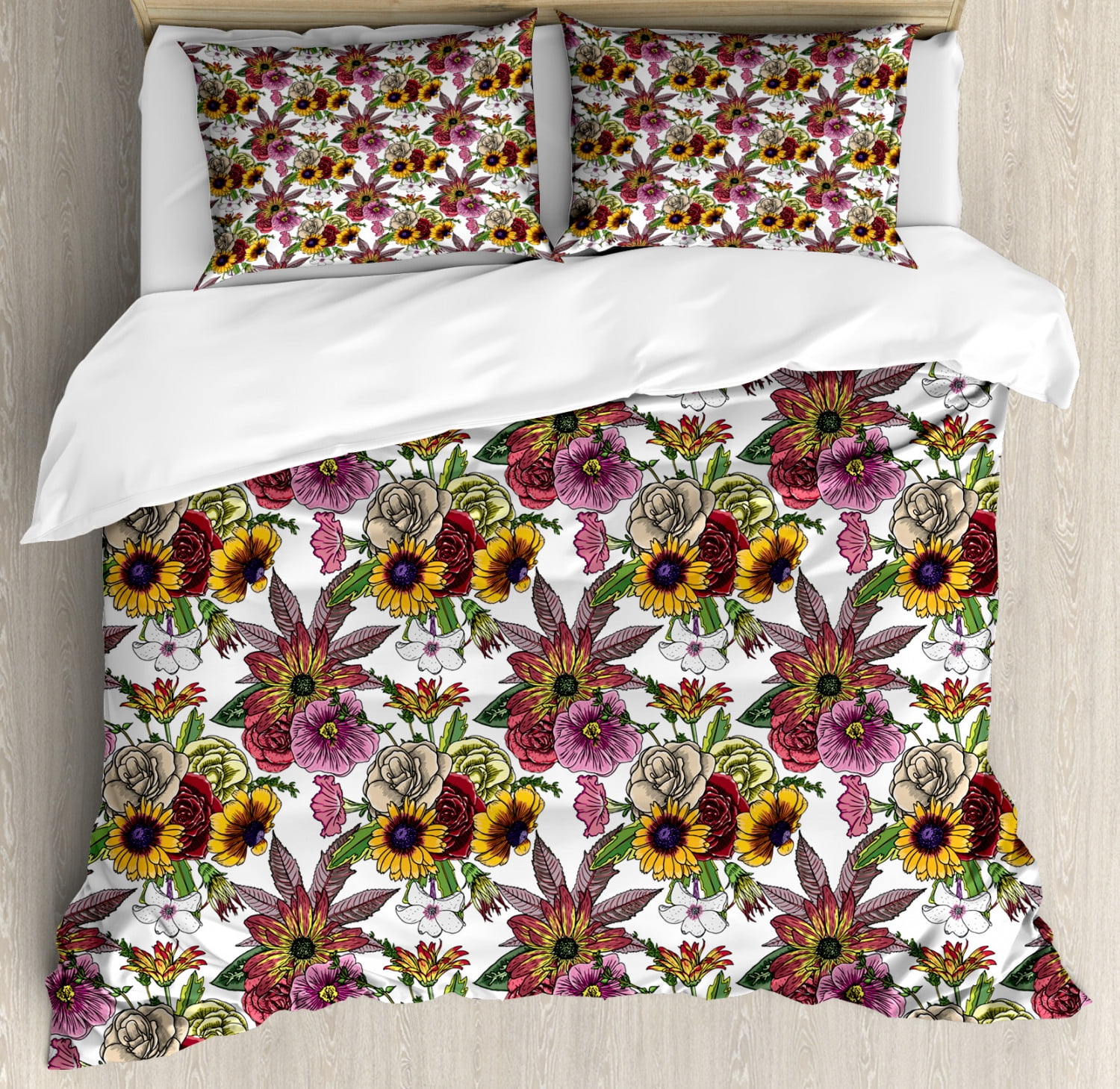 Aster Duvet Cover Set Queen Size, Garden Themed Petunia Rose Aster and ...