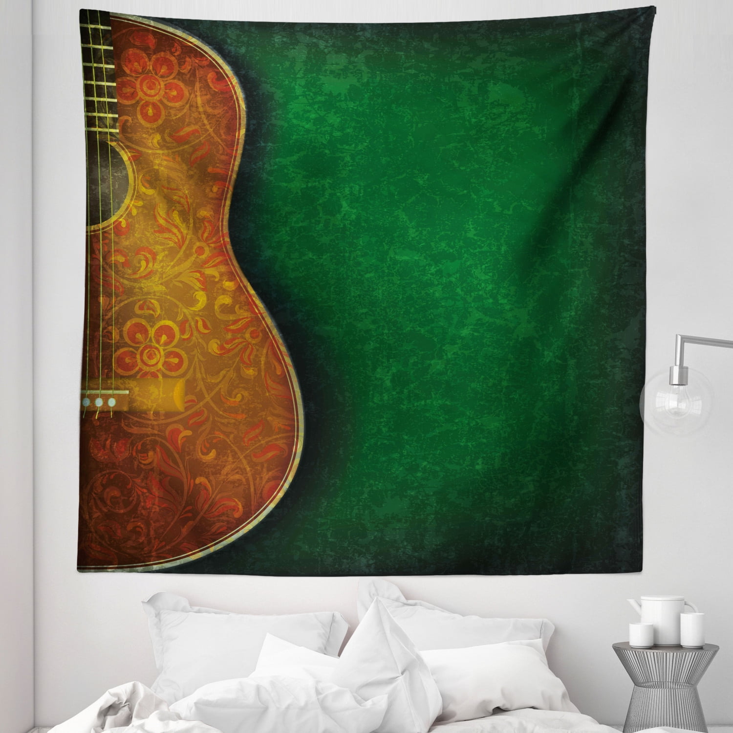 Guitar Tapestry, Vintage Floral Instrument Pattern Acoustic with Worn ...