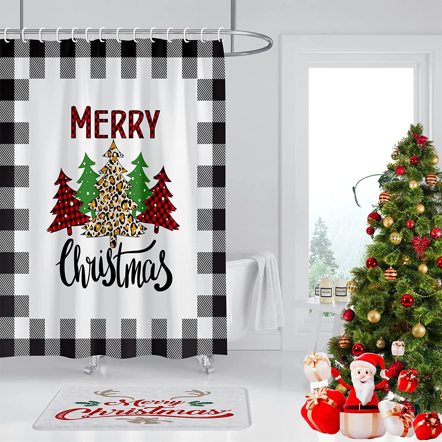 Joocar Christmas Shower Curtain Black And White Buffalo Plaid Leopard