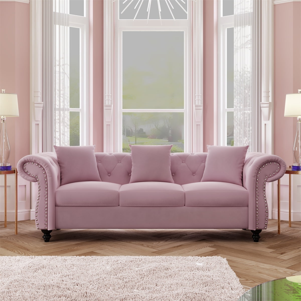 ARCTICSCORPION Velvet Tufted Sofa with Pillows, 3-Seater Sofa with ...