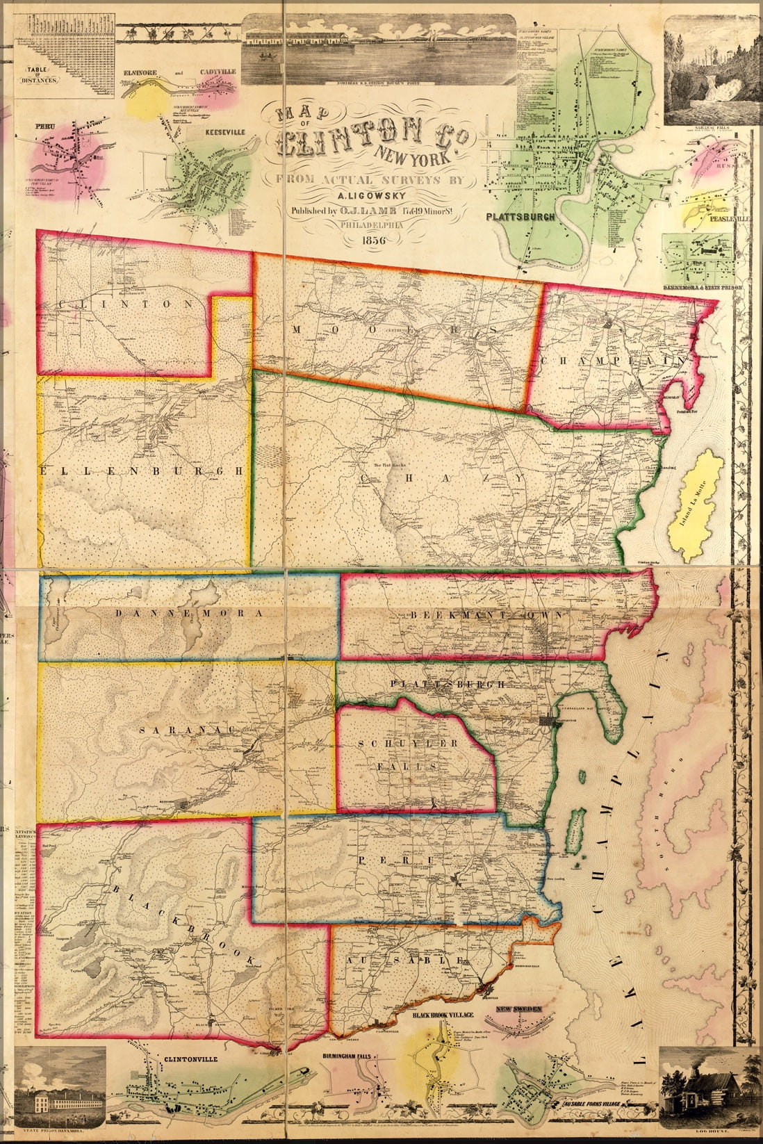 24"x36" Gallery Poster, Map of Clinton Co., New York 1856 - Walmart.com