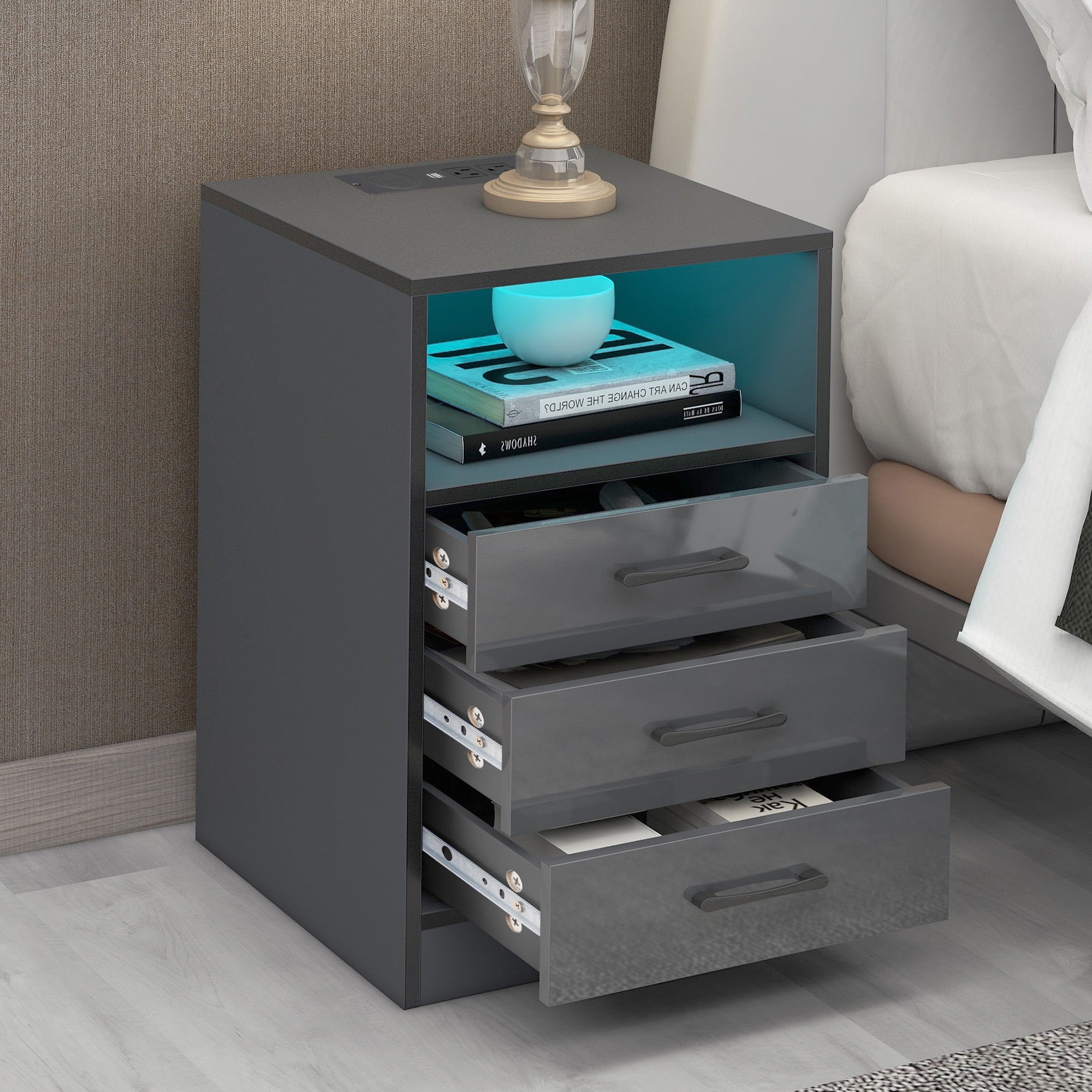Gray Nightstand with Wireless Charging Station, Modern End Side Table ...