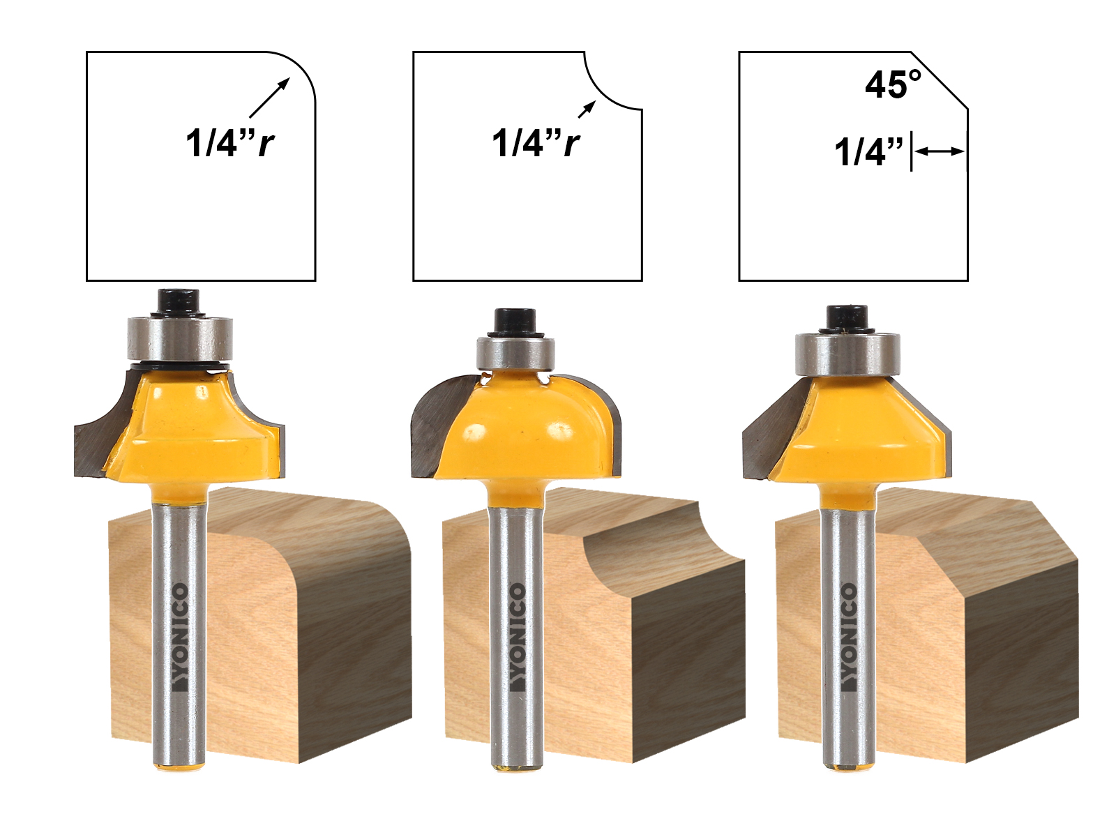 Yonico 3 Bit Edging Router Bit Set - Large Round over Cove and Chamfer ...