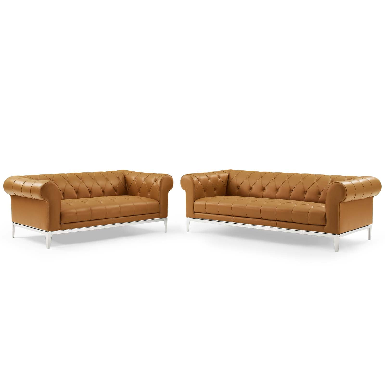 Tufted Loveseat and Sofa Set, Leather, Tan, Modern Contemporary Urban ...