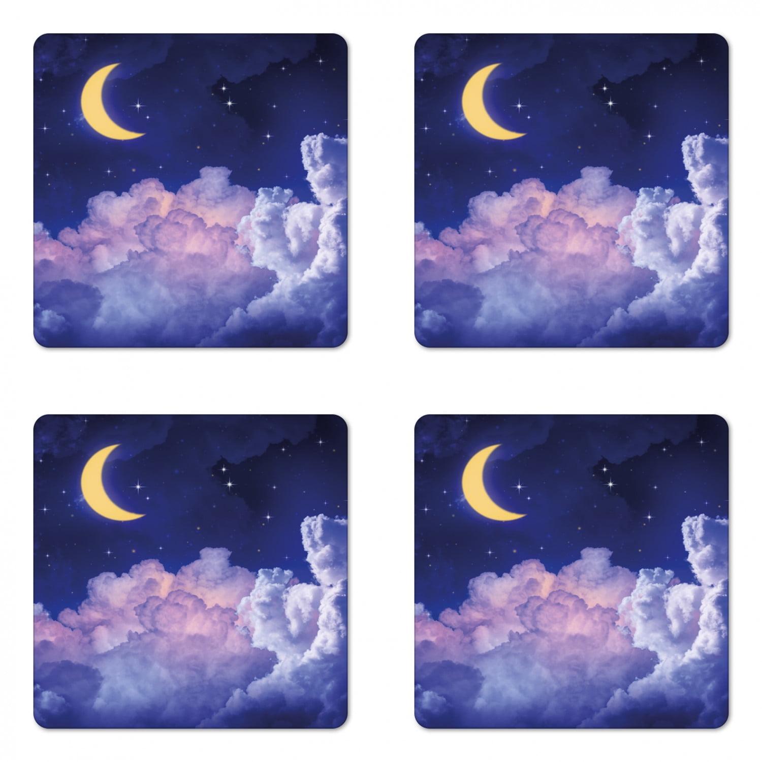 Moon Coaster Set of 4, Cloudy Sky Illustration of the Moon and Stars in ...
