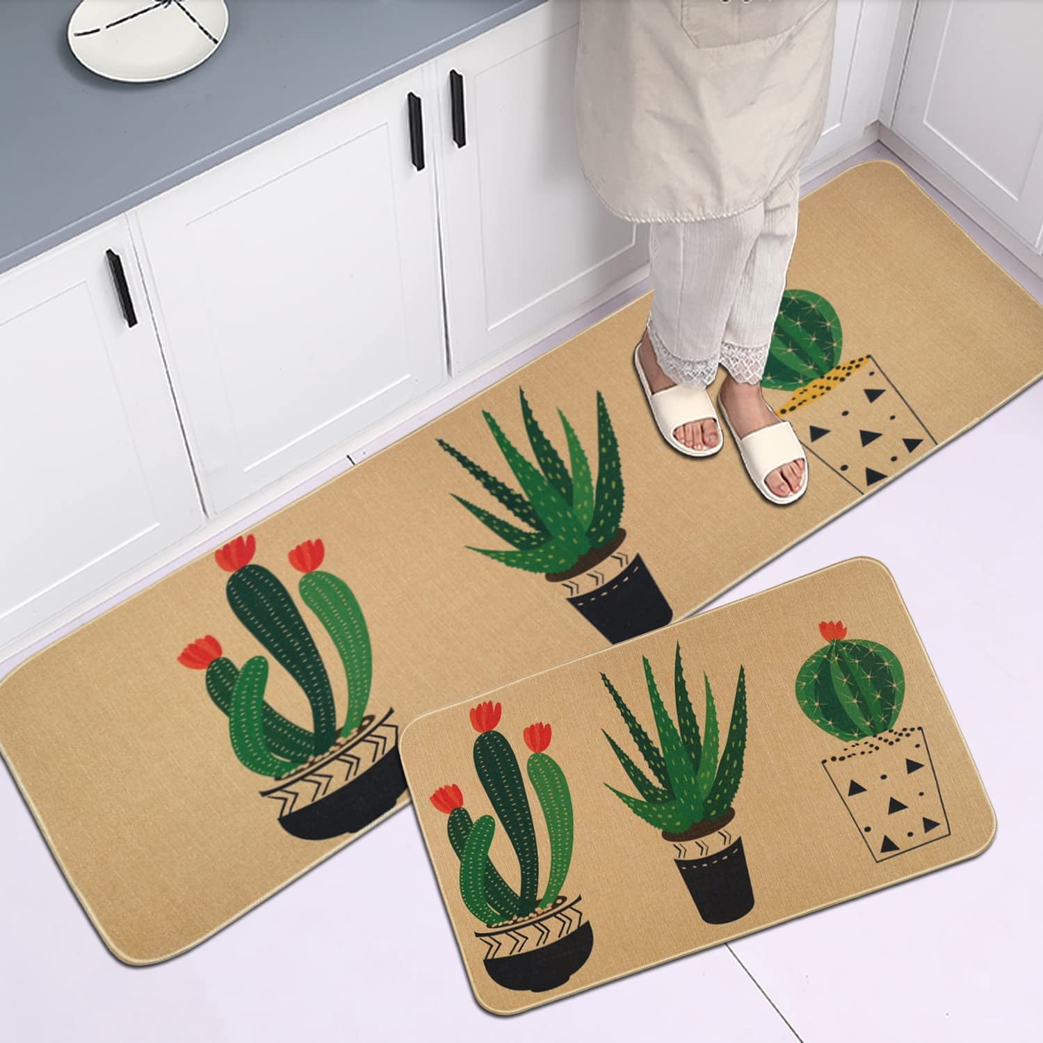 Green Plant Decorative Kitchen Mats Set of 2, Non-Slip Washable Kitchen ...