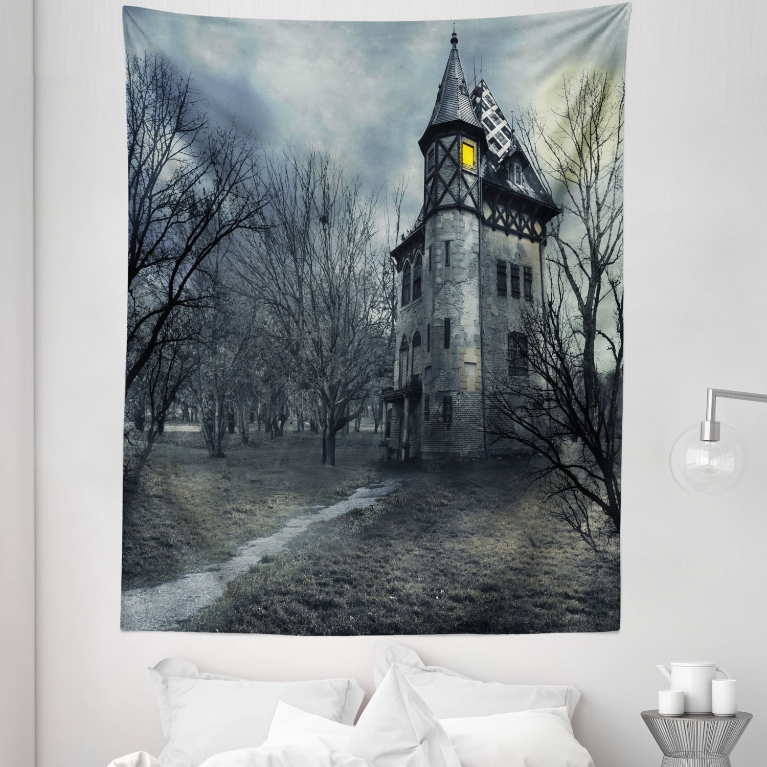Halloween Tapestry, Halloween Design with Gothic Haunted House Dark Sky ...