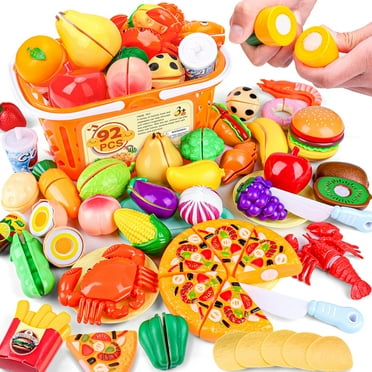 SYNCFUN 68 Pcs Cutting Play Food, Fake Food for Kids Kitchen, Cuttable ...