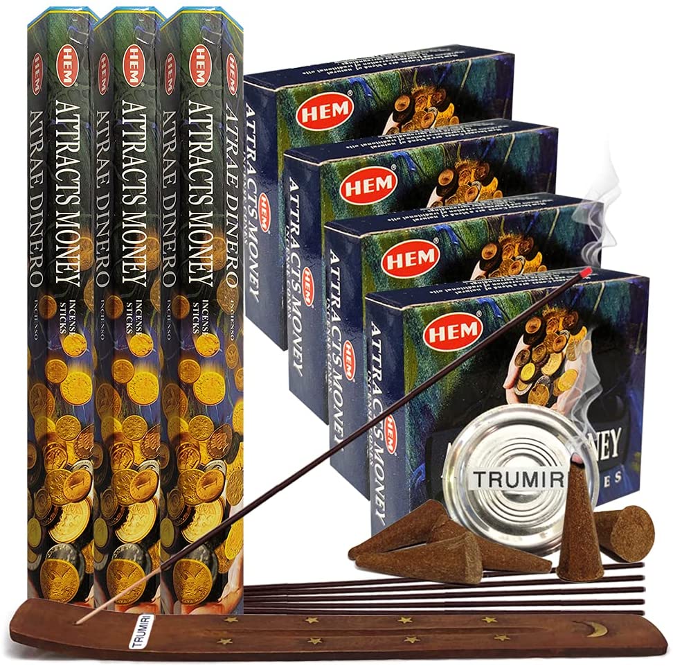 Attracts Money Incense sticks and cone incense holder variety pack ...