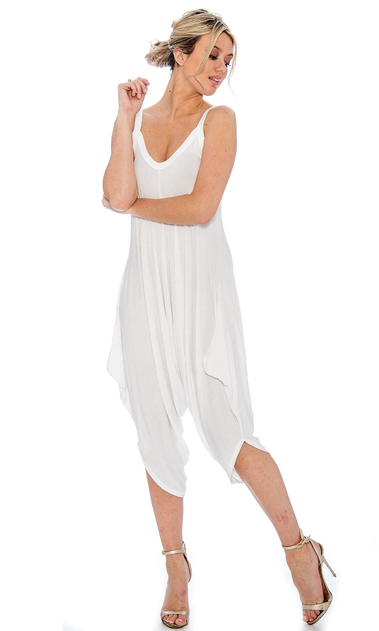 9 Crowns Women's TR Harem Pant Capri Jumper Romper (White, Large ...