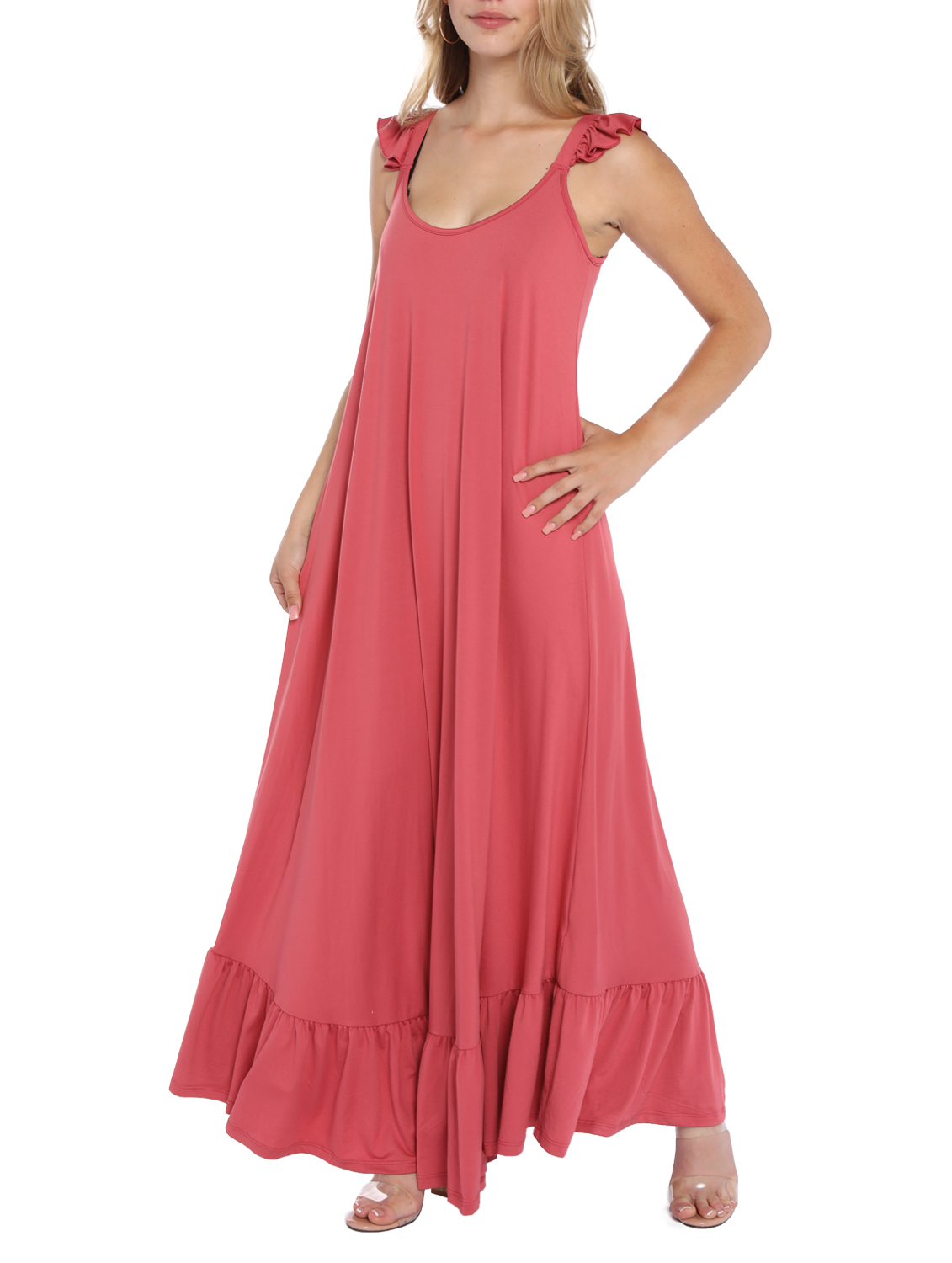 Doublju Women's Scoop Neck Ruffle Trim Maxi Long Dress (Plus Size ...