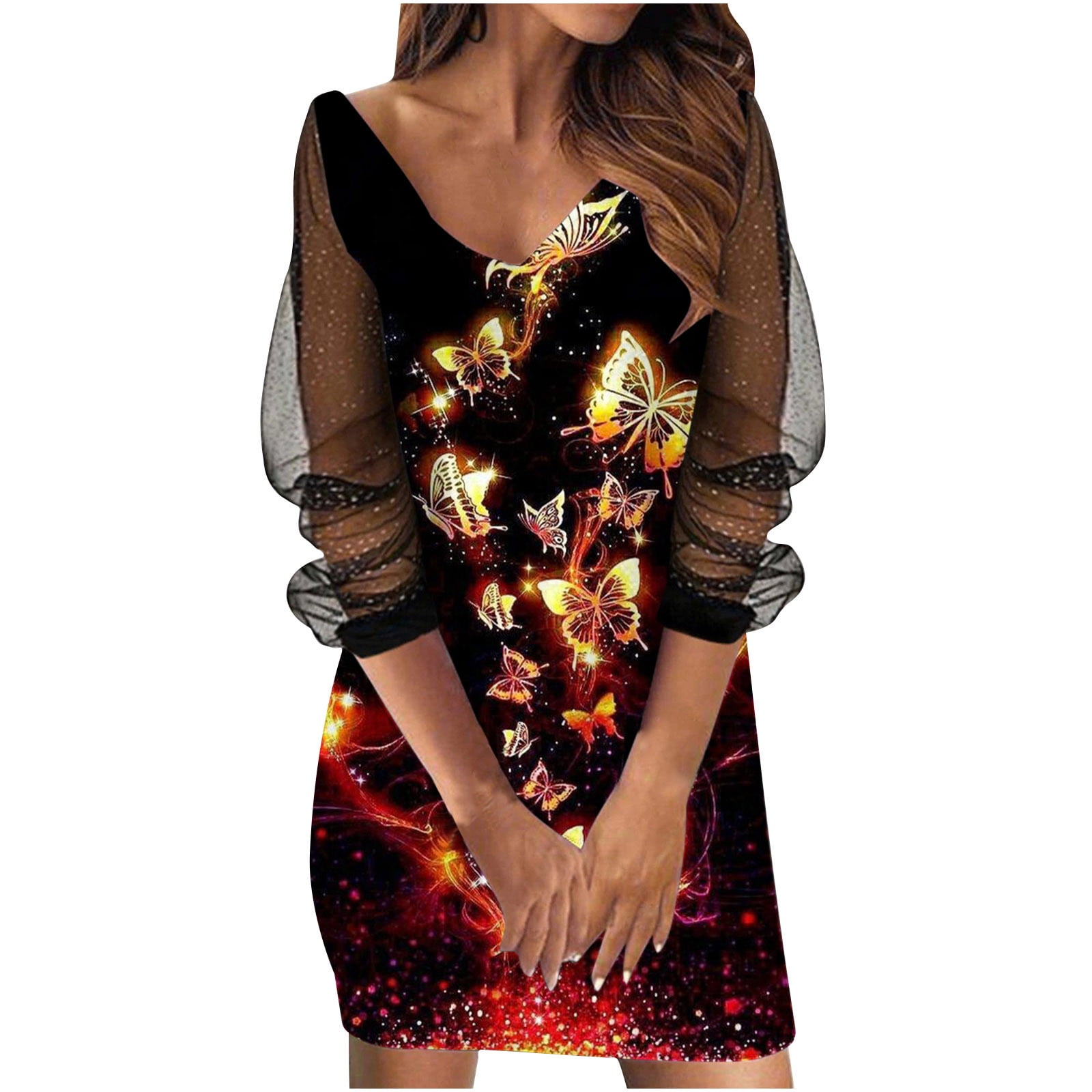 Holiday Dress for Women Party Night V Neck Sheer Mesh Long Sleeve Shift ...