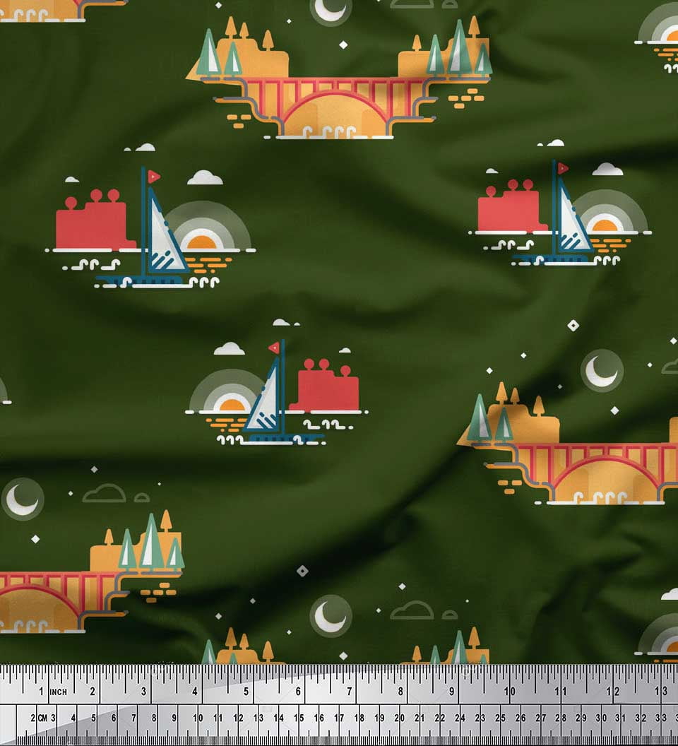 Soimoi Green Silk Fabric Bridge & Yacht Nautical Print Fabric by the ...