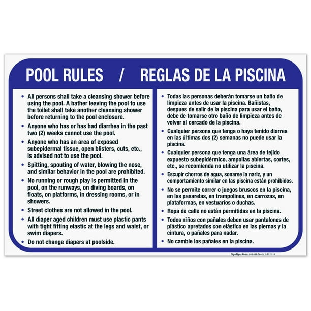 Pool Rules Bilingual Sign, Spanish English , - Walmart.com