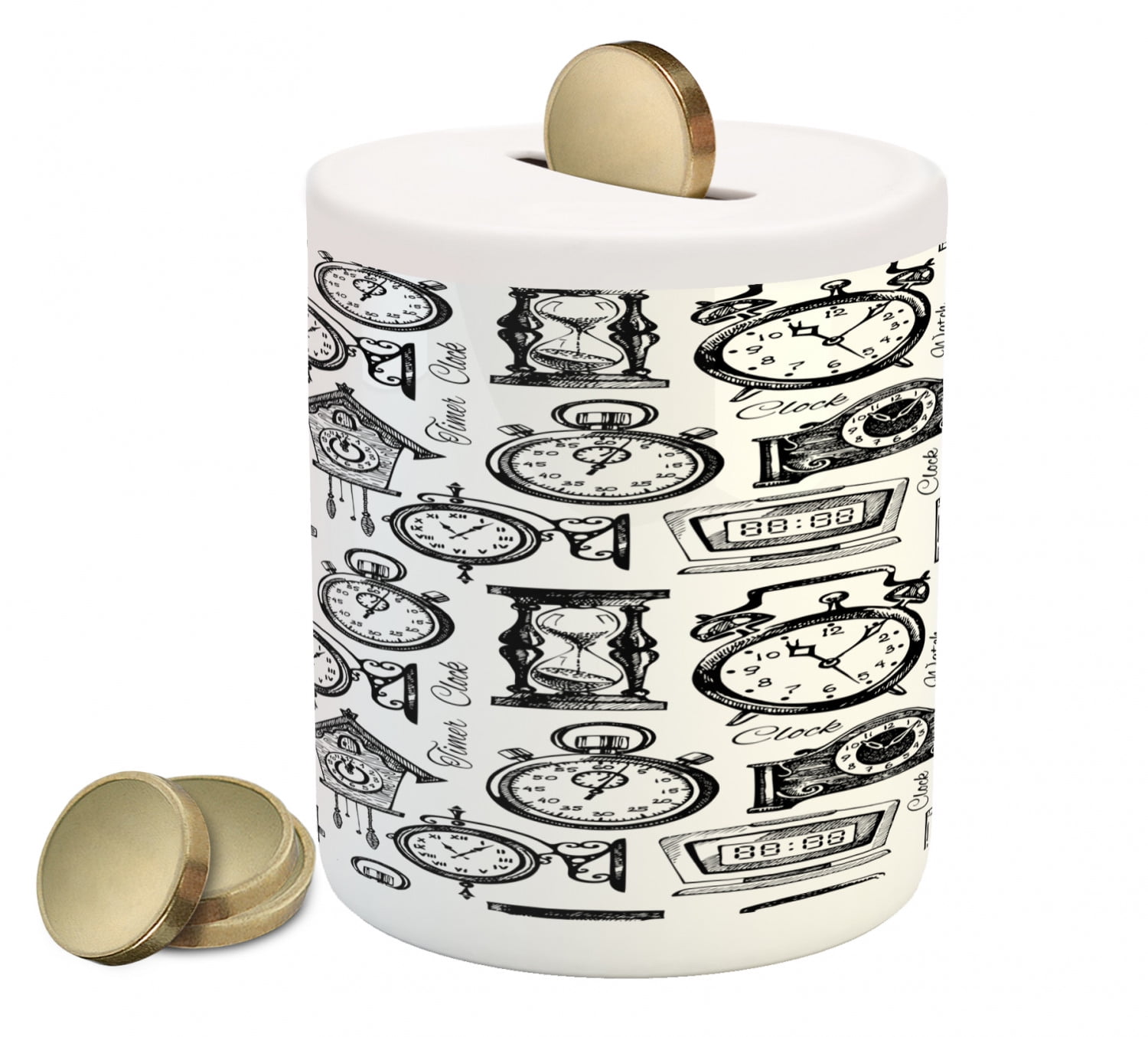 Clock Piggy Bank, Hand Drawn Clocks and Watches Illustration Vintage ...