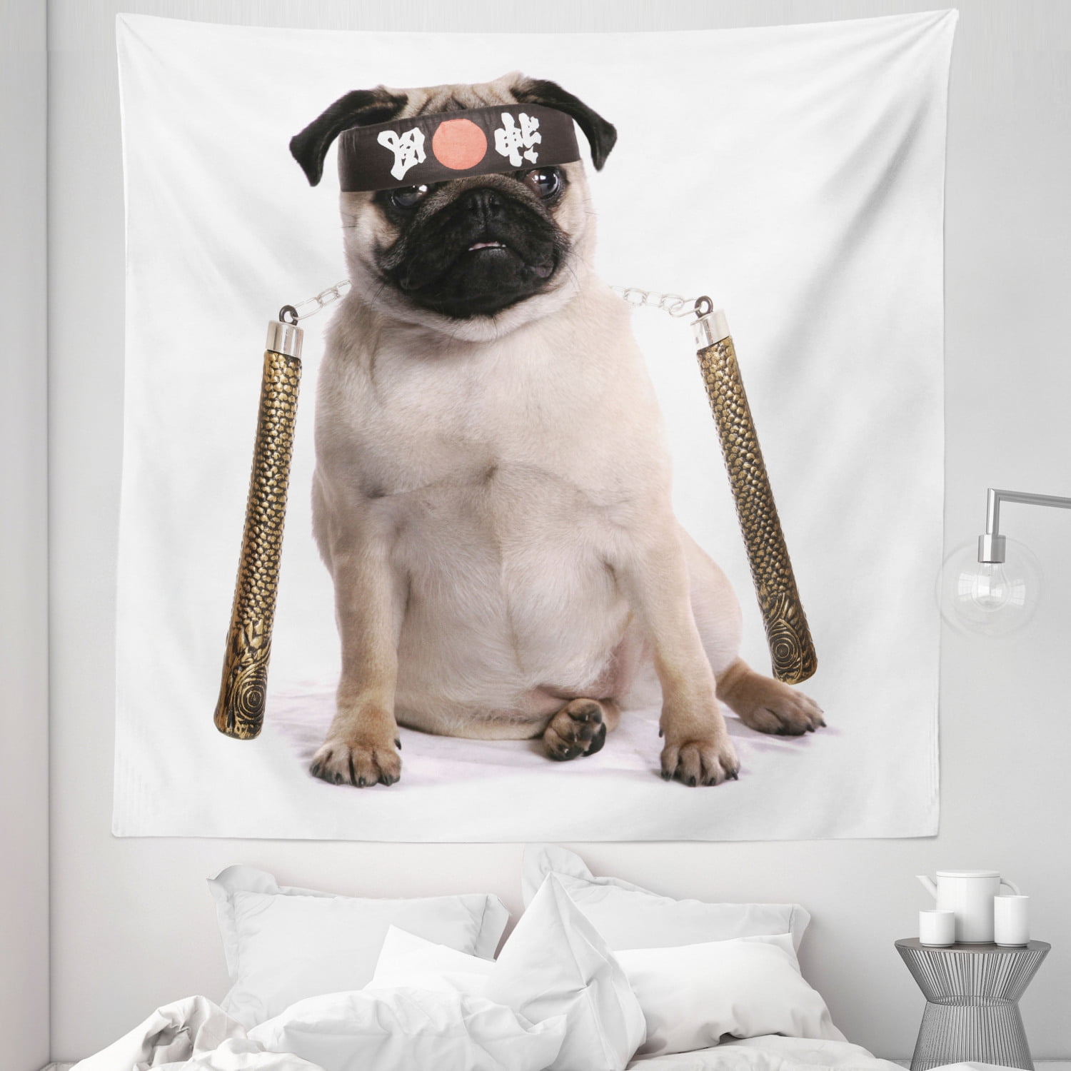 Pug Tapestry, Ninja Puppy with Nunchuk Karate Dog Animal Eastern ...