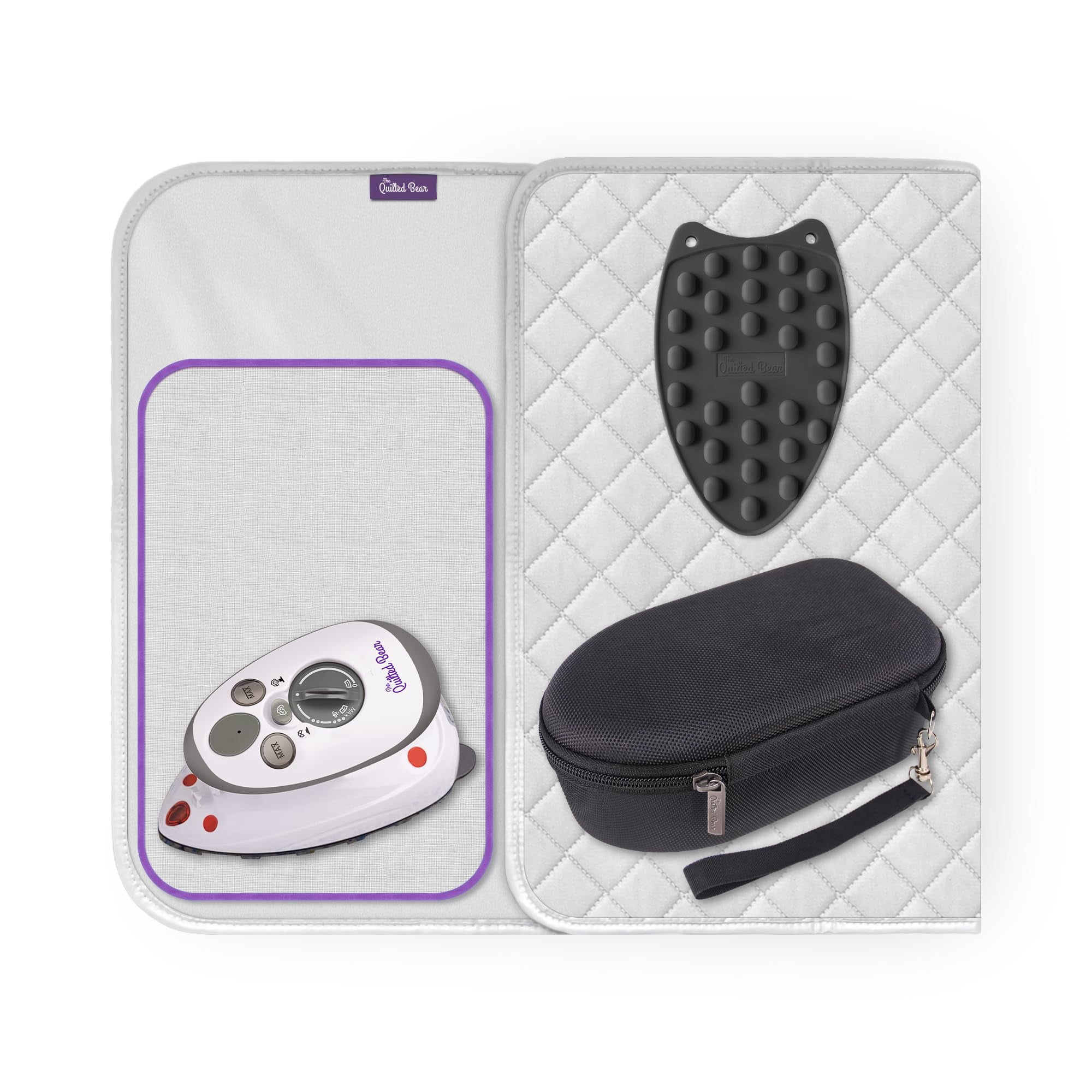 Plancha pequeña Travel Iron The Quilted Bear con soporte y tapete ...