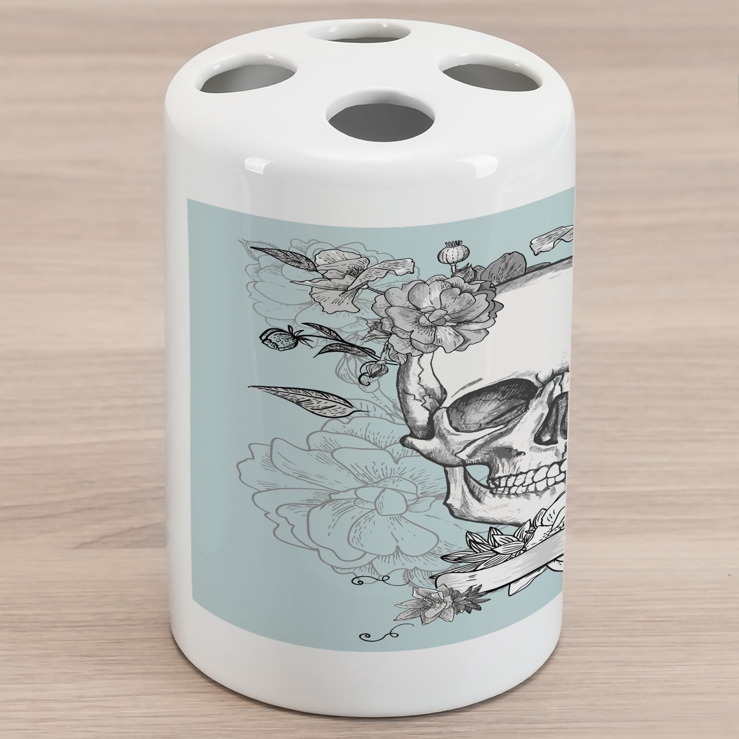 Grunge Ceramic Toothbrush Holder, Skull and Flowers Day of the Dead ...