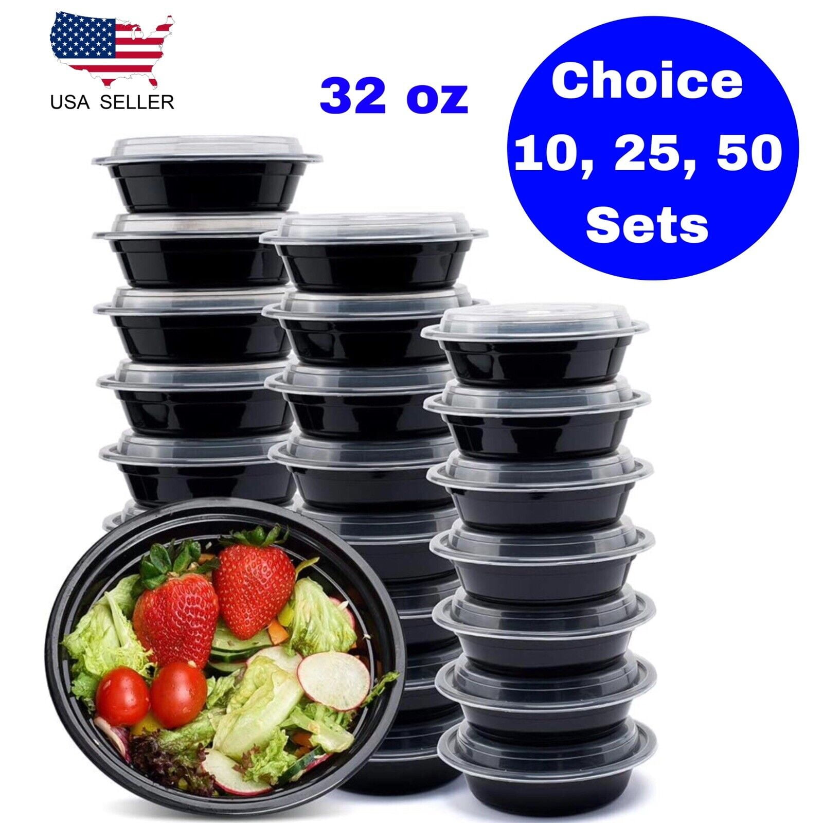 32 oz Plastic 7.25" Round Meal Prep Food Containers with Lids BPA FREE ...