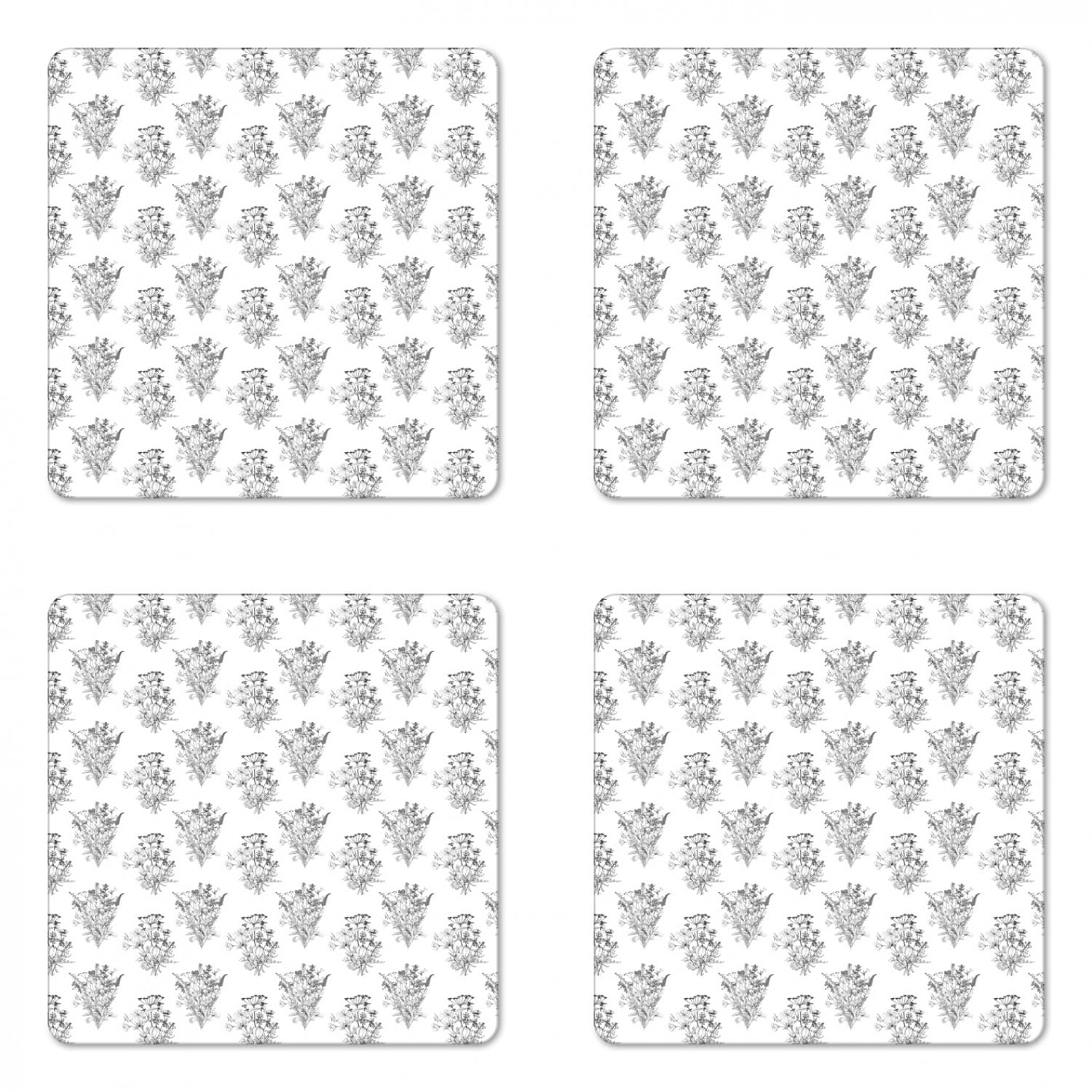 Floral Coaster Set of 4, Vintage Monochrome Design Outline Graphic of ...