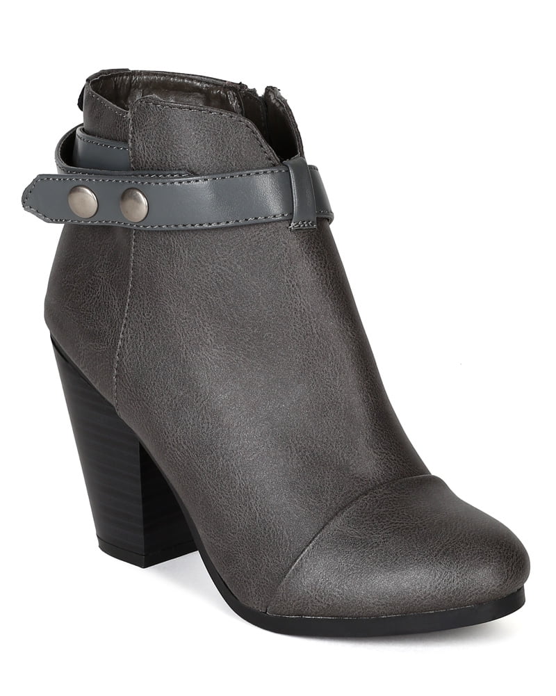 Women Leatherette Two-Tone Snap Button Strap Chunky Heel Ankle Bootie ...