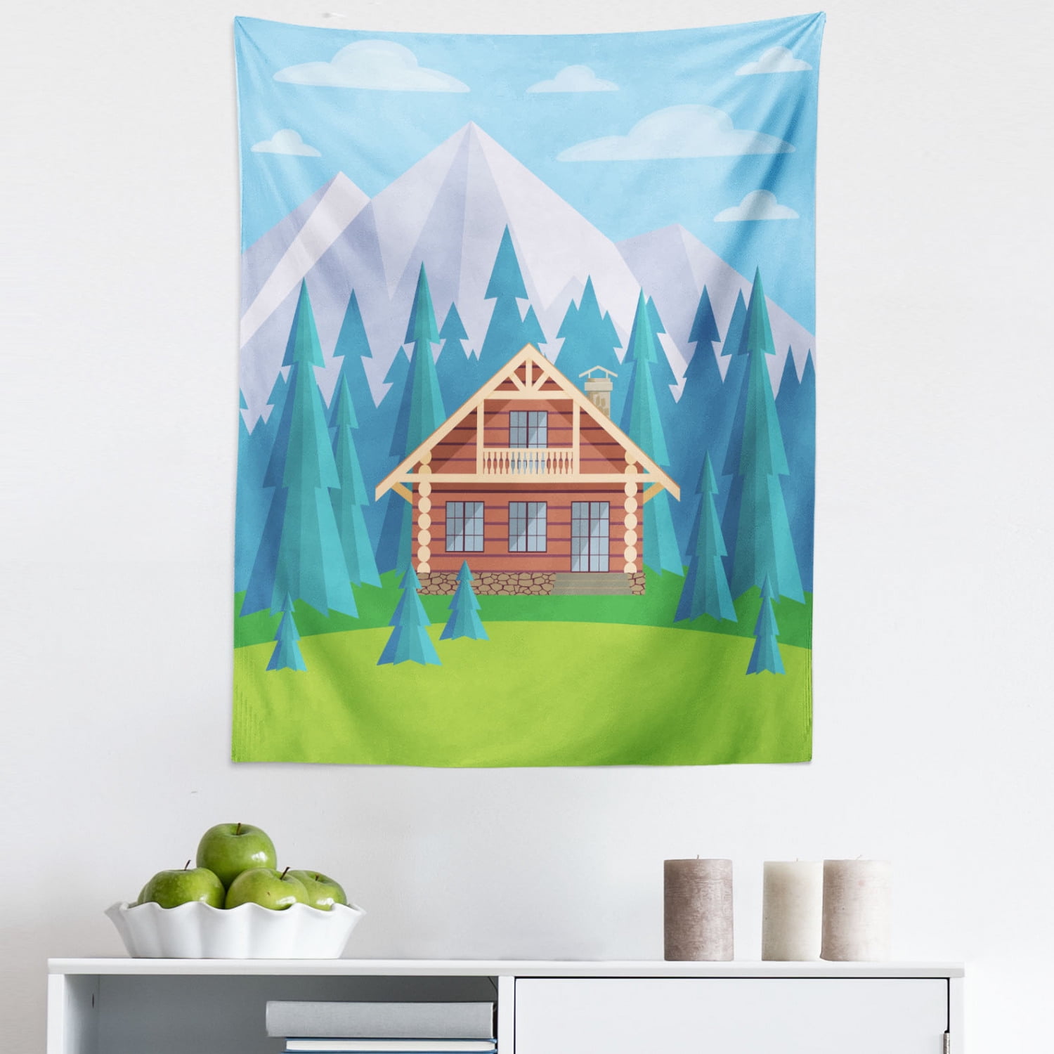 Log Cabin Tapestry, Image of a Wooden House in Environment Surrounded ...