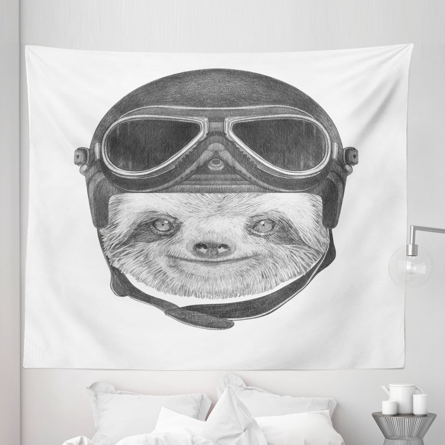Sloth Tapestry, Hand Drawn Portrait of a Animal Vintage Effect Biker ...