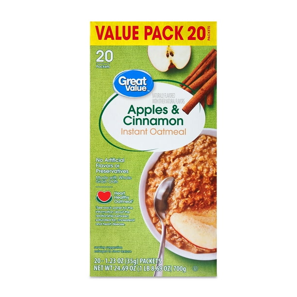 Great Value Apples & Cinnamon Instant Oatmeal, 1.23 oz, 10 Packets ...