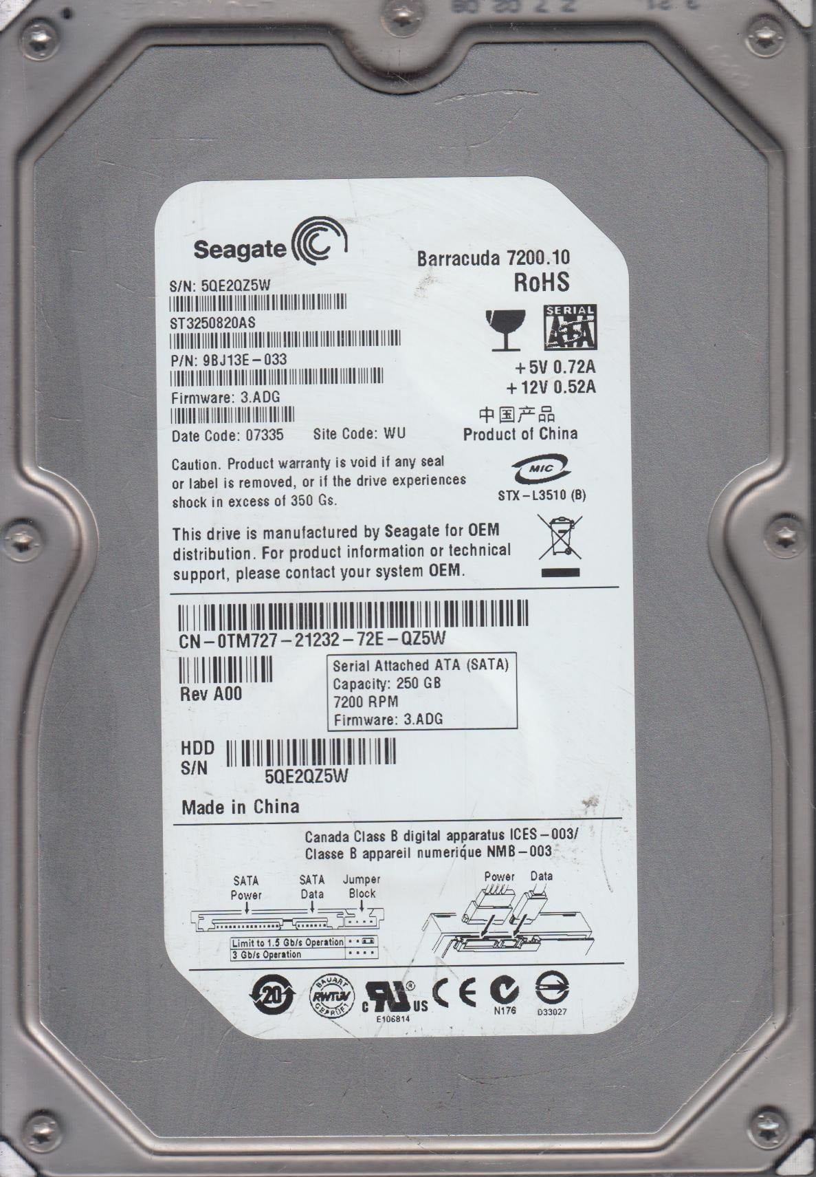 ST3250820AS, 5QE, WU, PN 9BJ13E-033, FW 3.ADG, Seagate 250GB SATA 3.5 ...