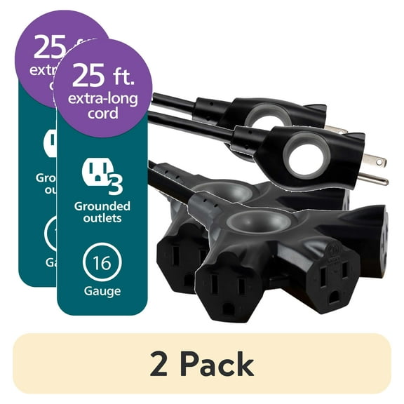 (2 pack) Philips EZGrip 25FT Black Outdoor Extension Cord 3 Prong with ...