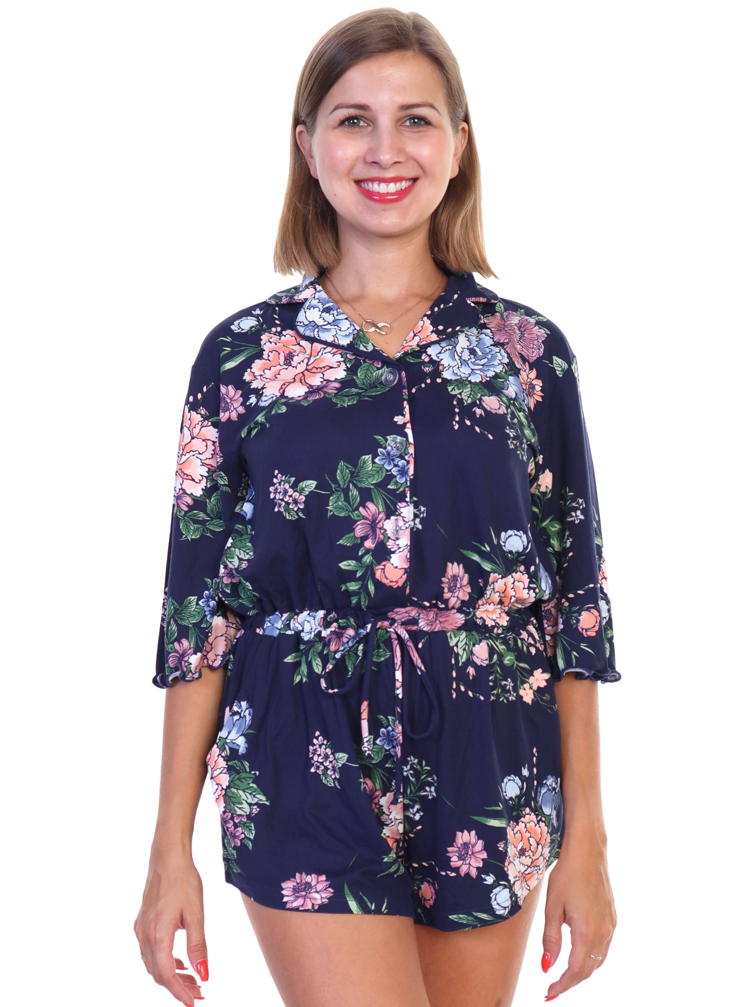 "Angelina Brushed Microfiber Quarter Sleeves Button-Down Romper ...