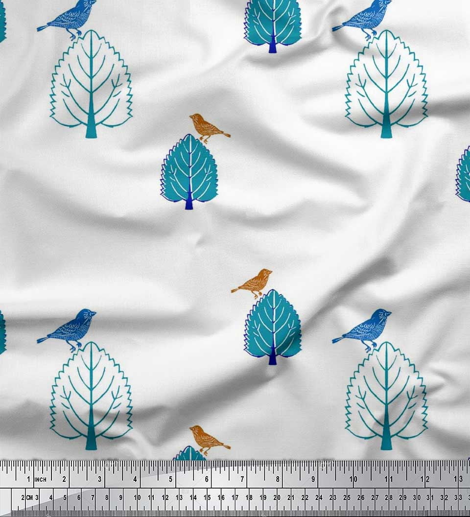 Soimoi Satin Silk Fabric Bird & Tree Block Print Sewing Fabric Yard 42 ...