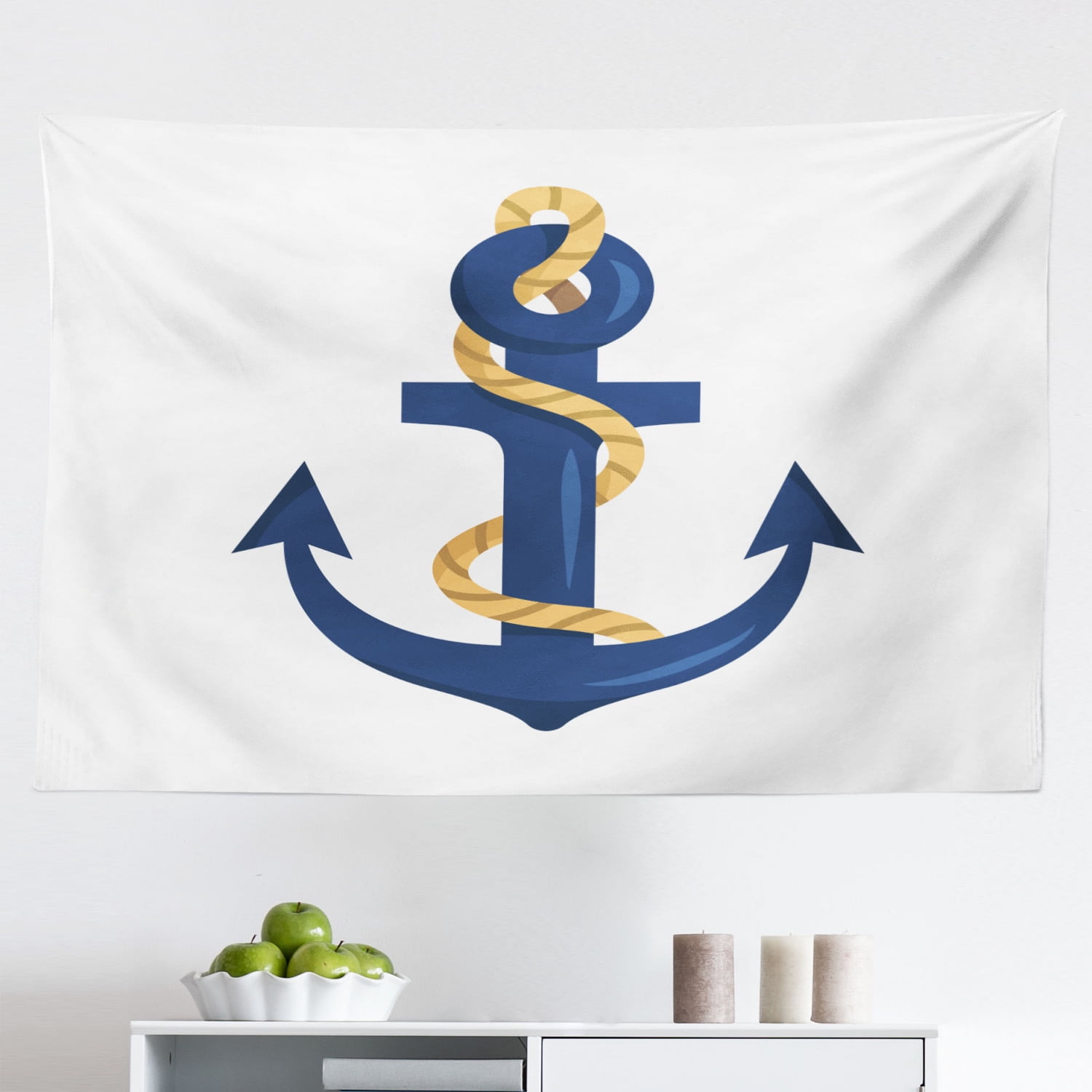 Navy White Tapestry, Simple Retro Nautical Pattern with Anchor Helm ...