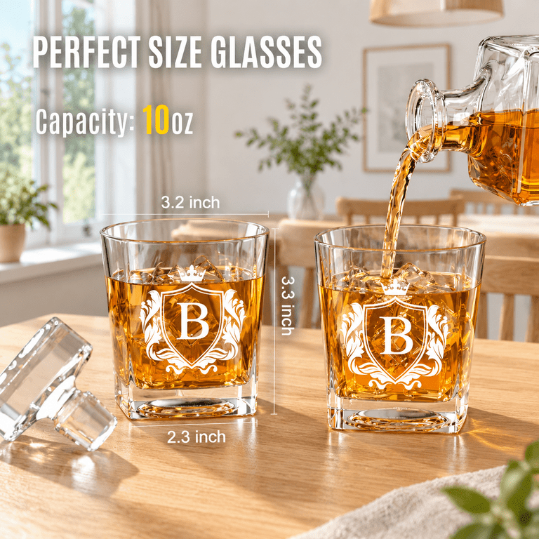 Personalized B Letter Engraved Decanter Set with 10oz Glasses for Men ...