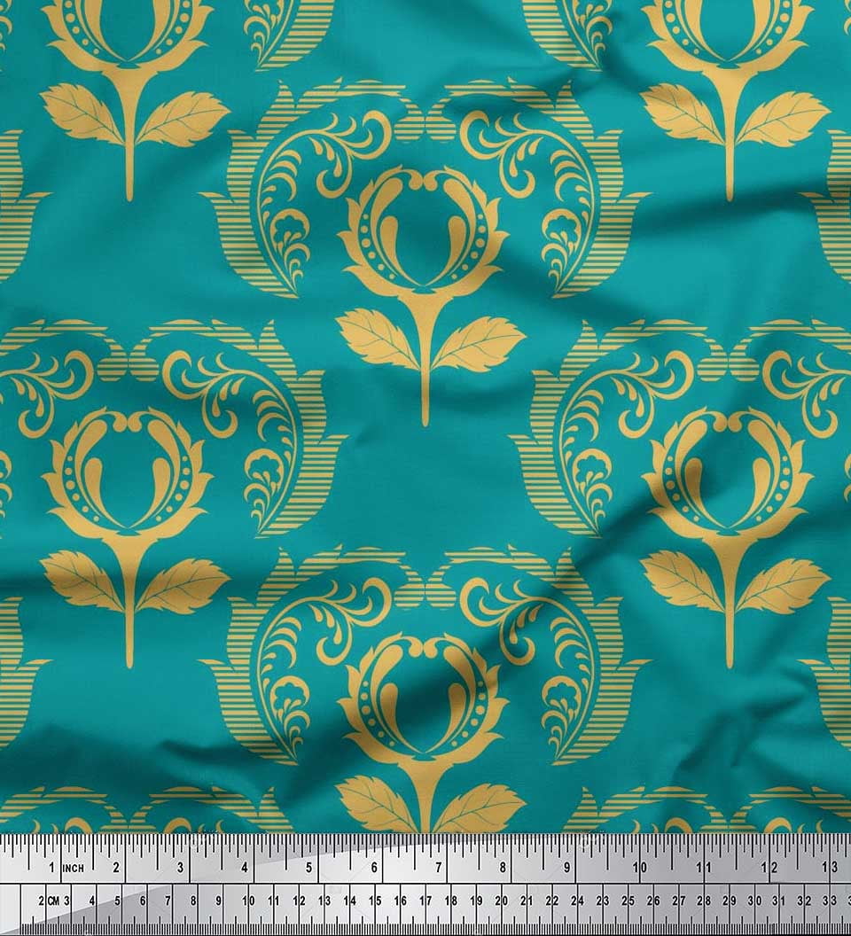 Soimoi Cotton Duck Fabric Floral & Filigree Damask Print Fabric by the ...