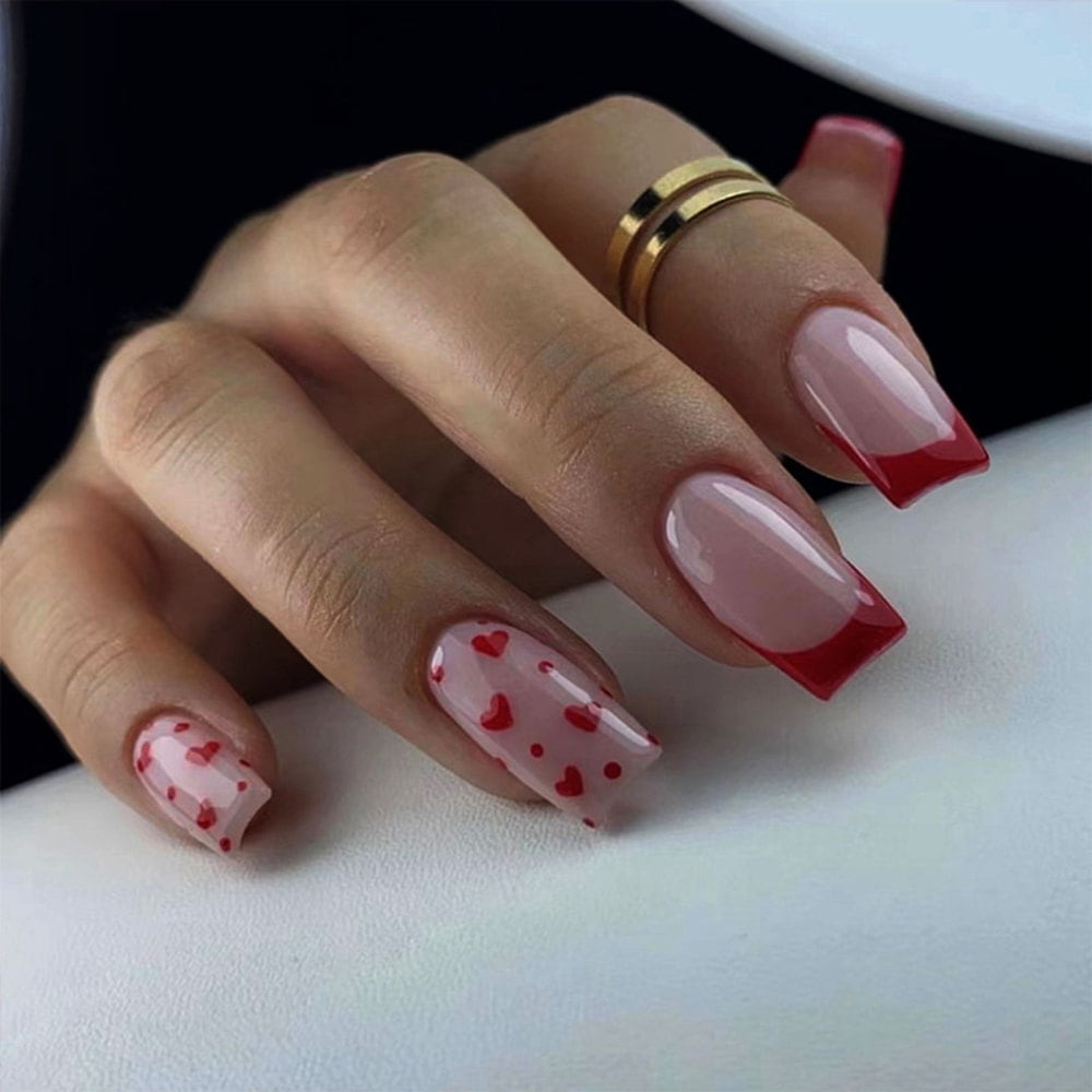 Red Heart Pattern Fake Nails Full Cover Detachable Designs Nails for ...