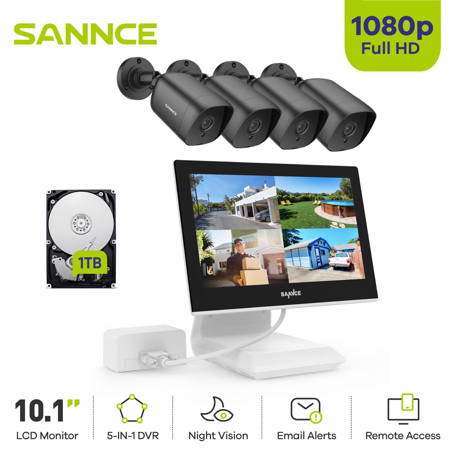 SANNCE 4CH 10"1 LCD Monitor DVR 1080p Full HD Outdoor Indoor Wired ...