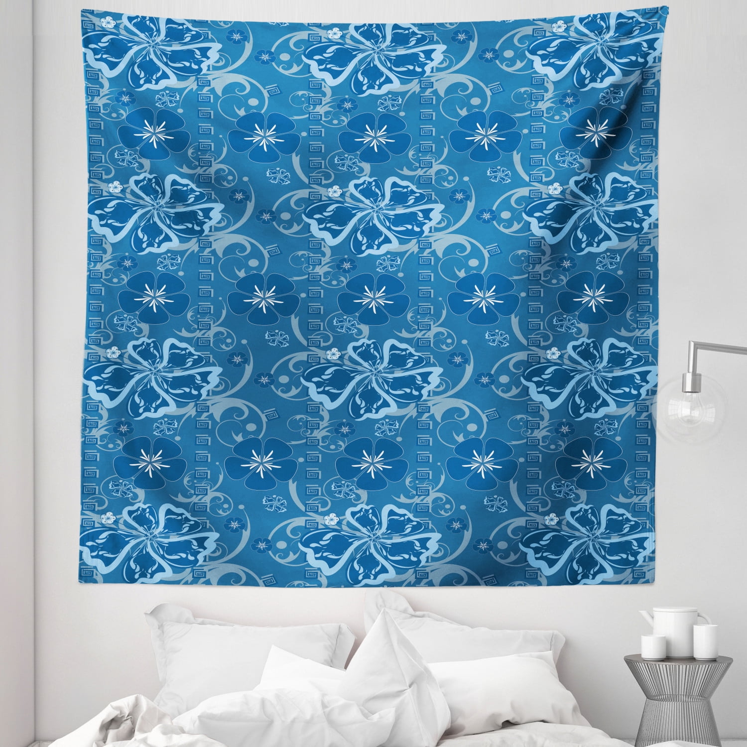 Luau Tapestry, Polynesian Nature Inspired Blue Art Pattern with Floral ...