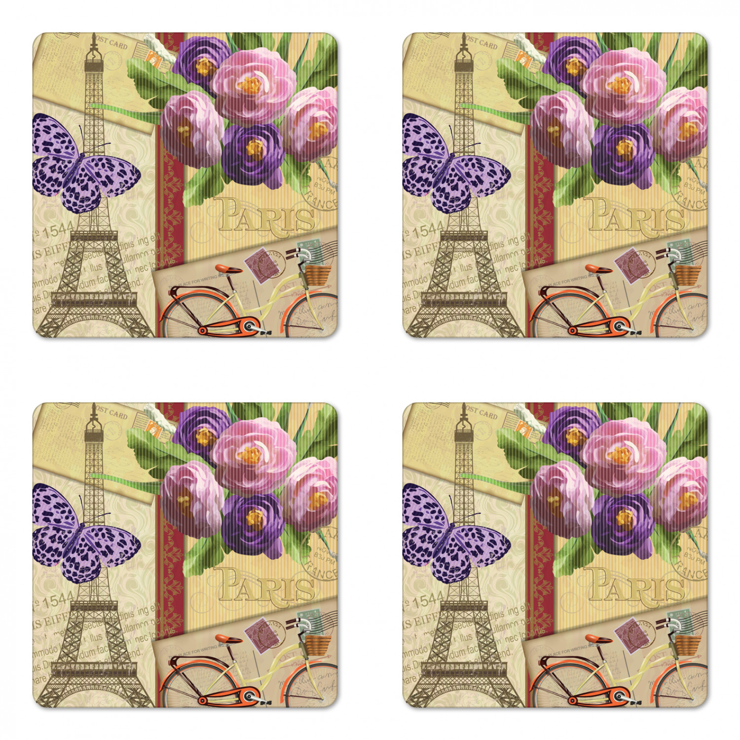 Paris Coaster Set of 4, Famous French Landmark Eiffel Tower Postcards ...