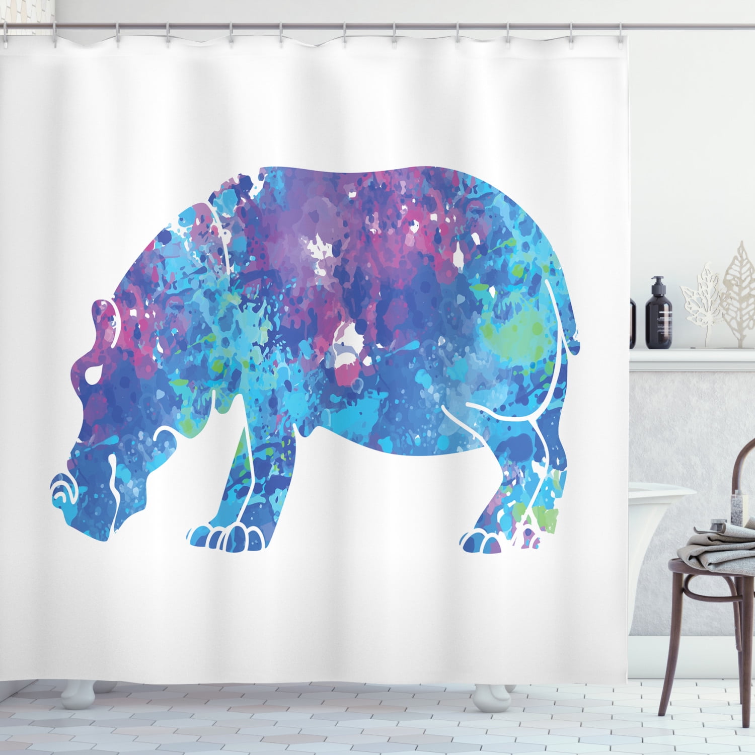 Hippo Shower Curtain, Standing Hippo Silhouette Figure Ornamented with ...