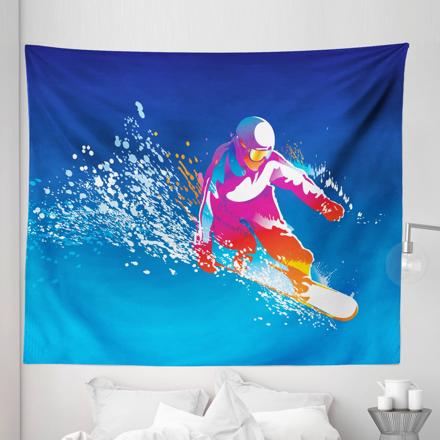 Youth Tapestry, Colorful of a Young Man Snowboarding on Blue Background ...