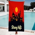 Gothic Castle Silhouette Beach Towel - Vibrant Red Sky Illuminated ...