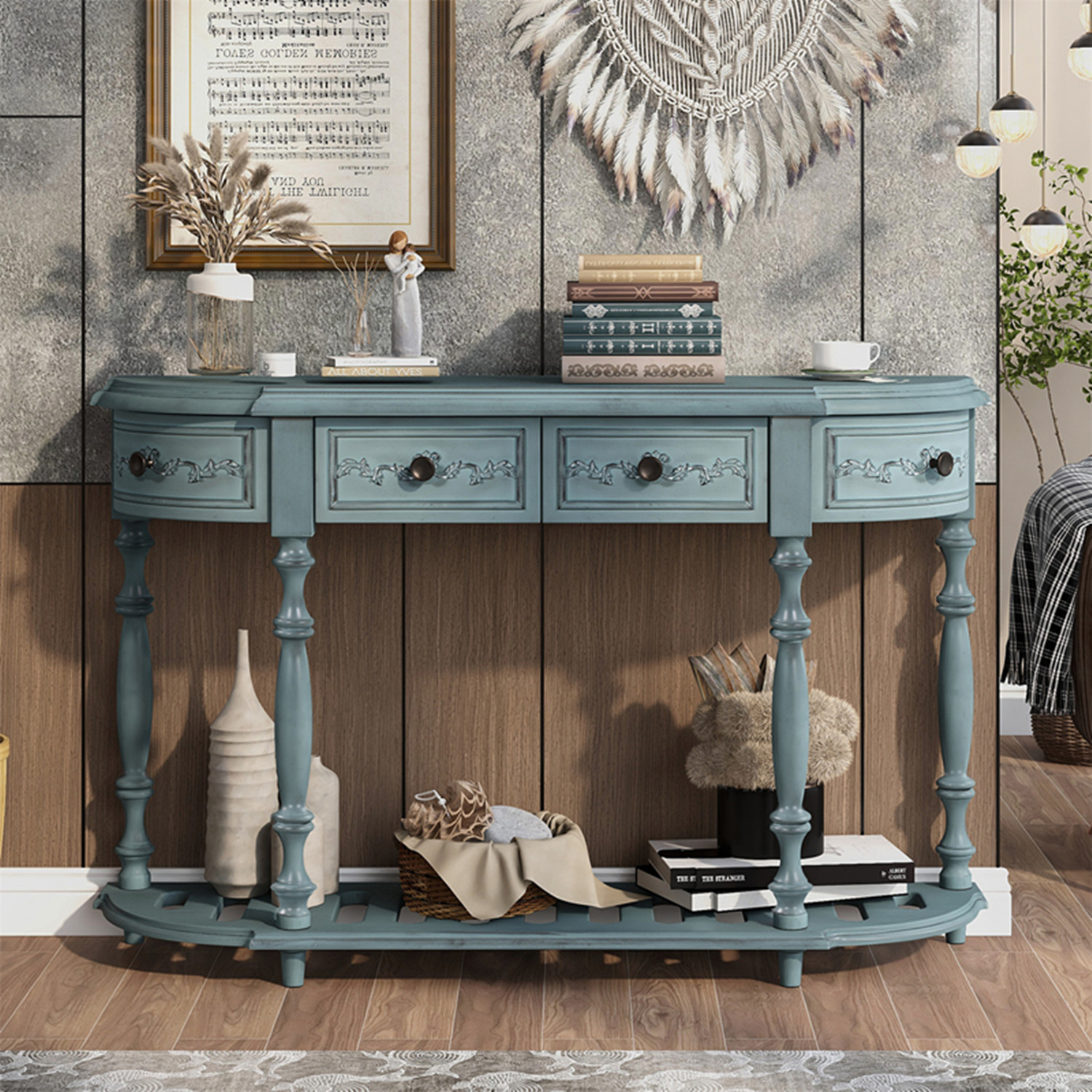 Retro Circular Curved Console Table with 4 Drawers and 1 Open Shelf ...