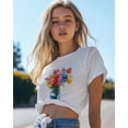 Cartoon Flowers Vase T Shirts for Women Short Sleeve Cotton Crewneck T ...