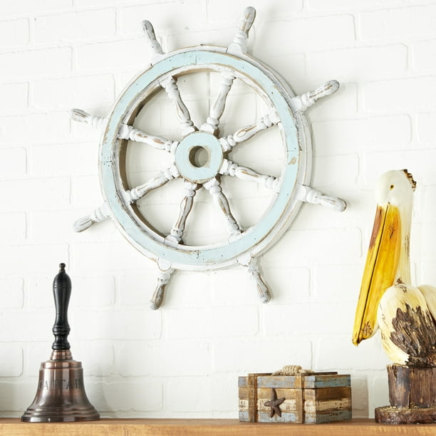 DecMode Blue Wood Ship Wheel Sail Boat Wall Decor with Distressing ...