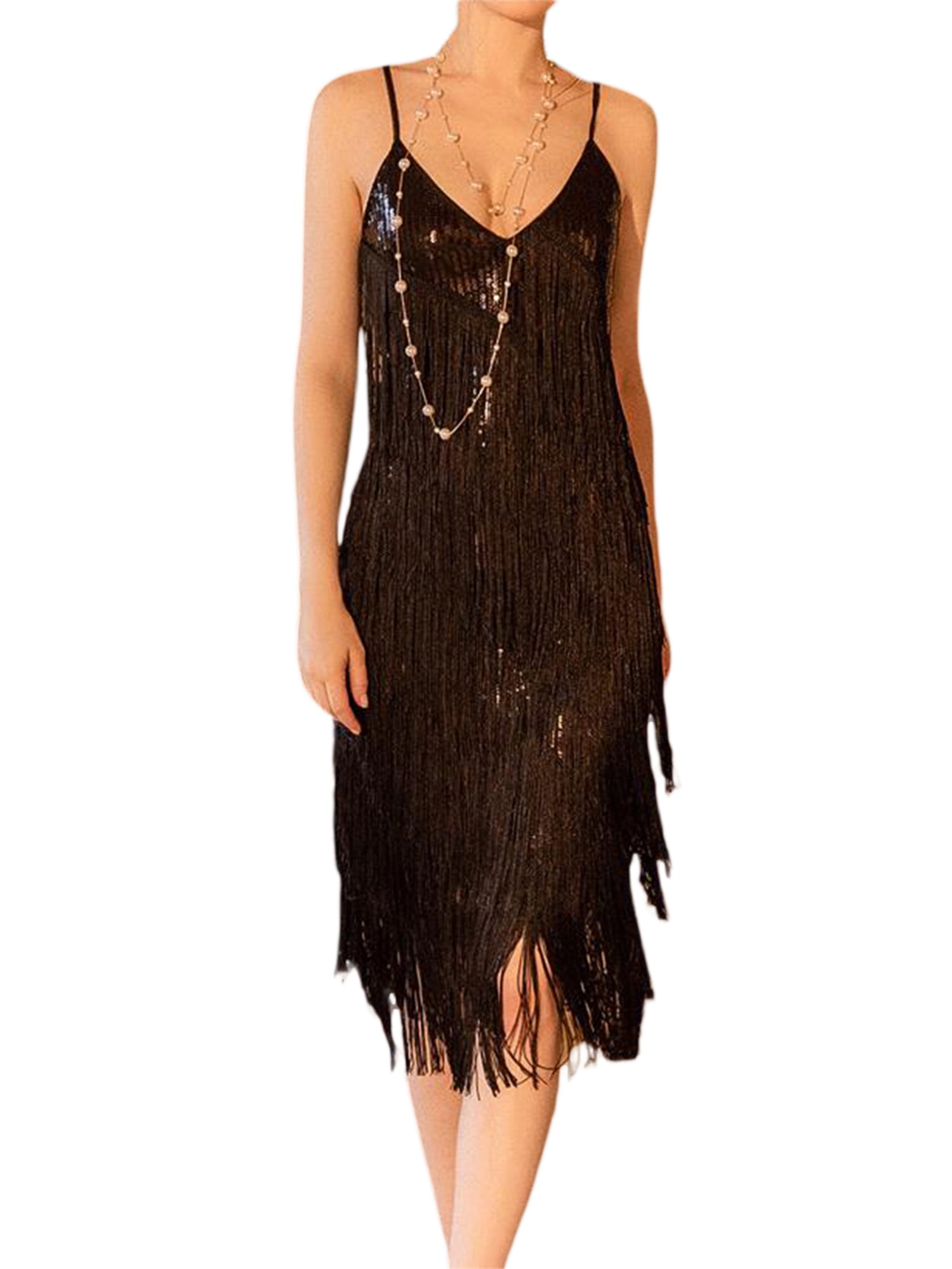 Wassery Women Tassel Sequin Mini Dress Spaghetti Strap V Neck Backless