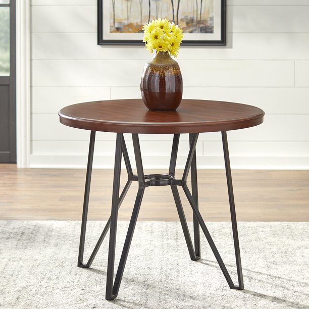 TMS Shane 35" x 35" x 30" Contemporary Round Metal Dining Table, Walnut ...