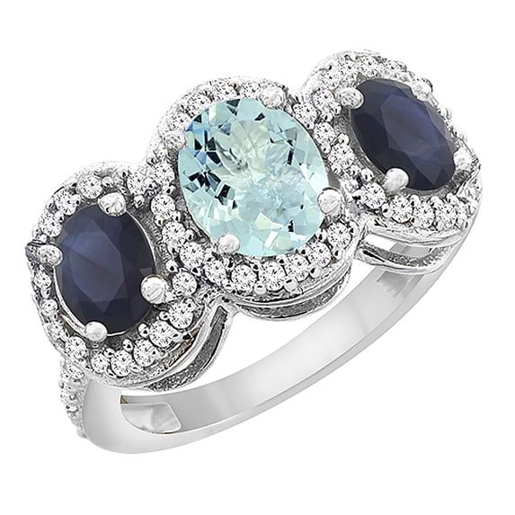 10K White Gold Natural Aquamarine & HQ Blue Sapphire 3-Stone Ring Oval ...